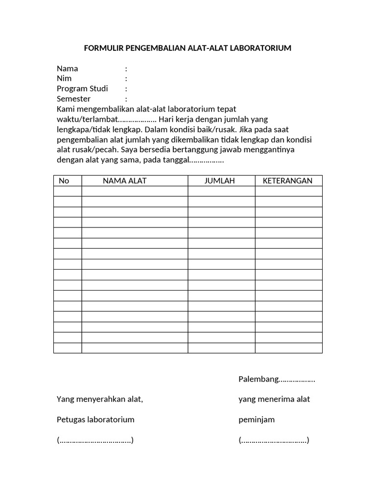Formulir Pengembalian Alat Laboratorium | PDF