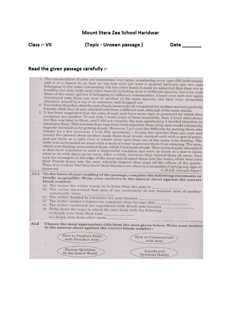 ENGLISH UNSEEN PASSAGE CLASS VII 2018-19 | PDF