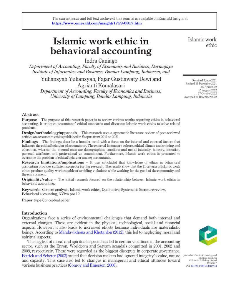 Islamic Work Ethic in Behavioral Accounting | PDF | Morality | Attitude (Psychology)