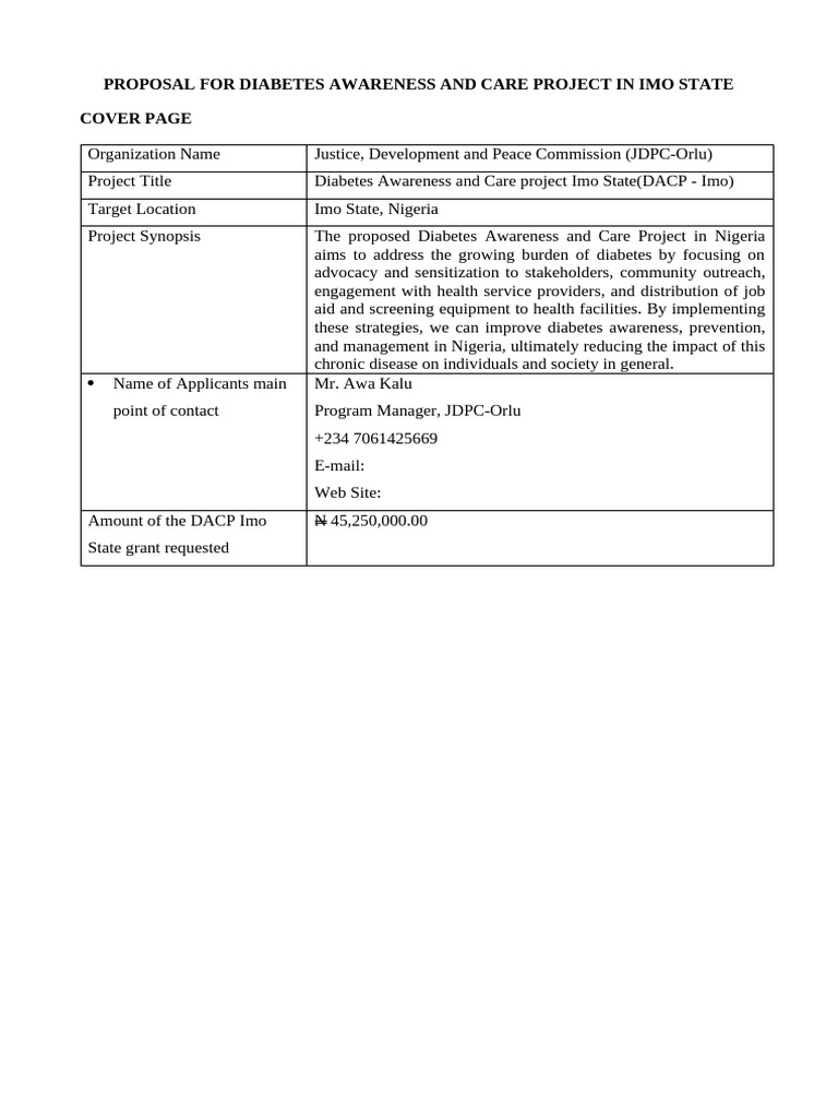 Proposal For Diabetes Awareness and Care Project in Imo State | PDF ...