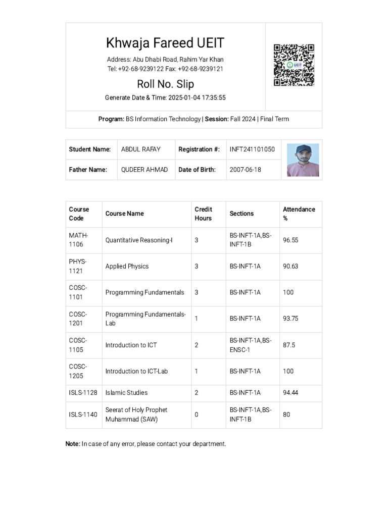 KFUEIT - RollNo - Slip | PDF