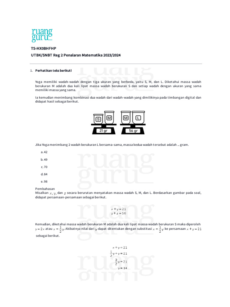 UTBK - SNBT Reg 2 Penalaran Matematika 2023 - 2024 - Pembahasan | PDF