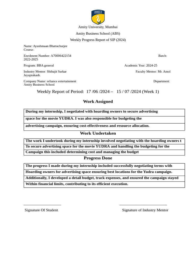 SIP Weekly Progress Report Template (UG) | PDF