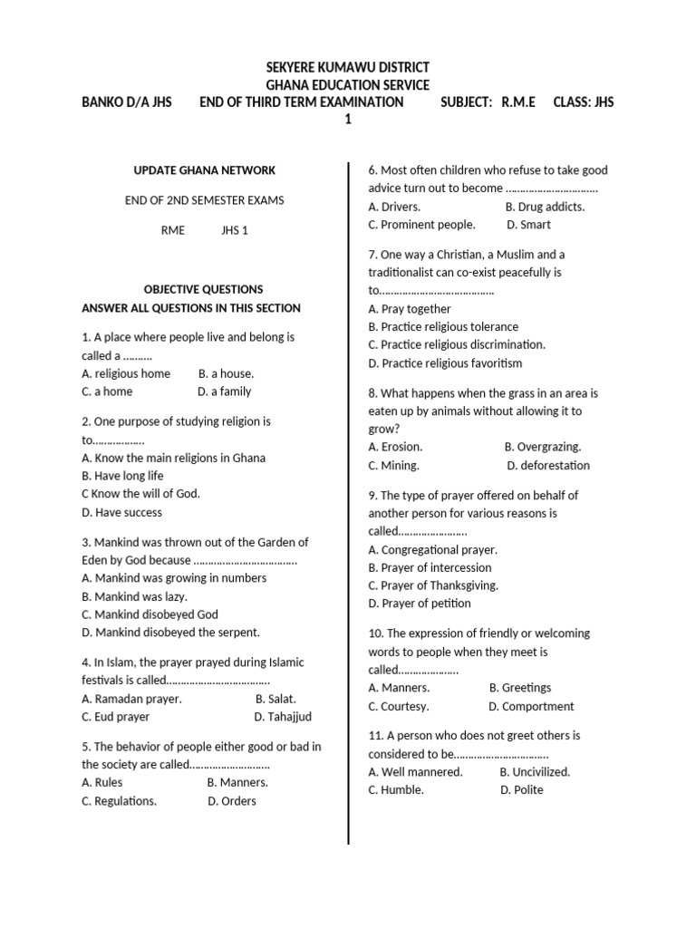 JHS 1 R.M.E Third Term Exam Questions | PDF | Prayer | God