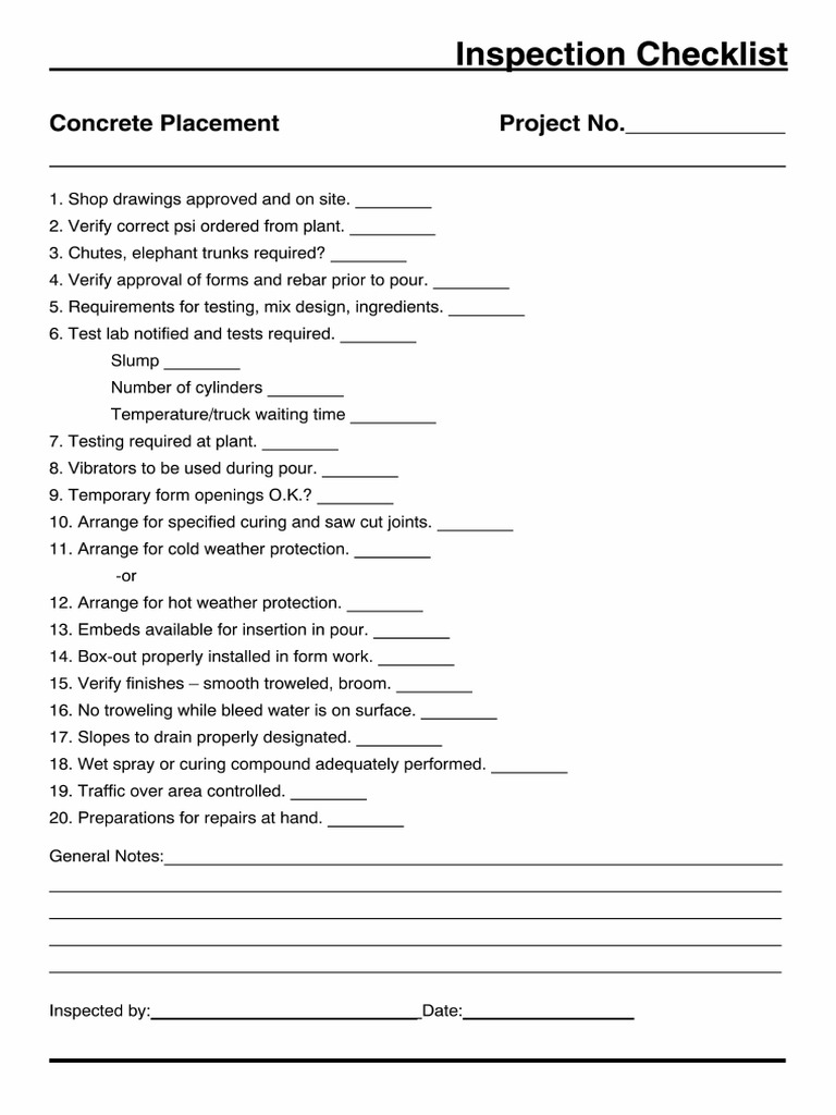 Inspection Checklist Concrete Placement | PDF