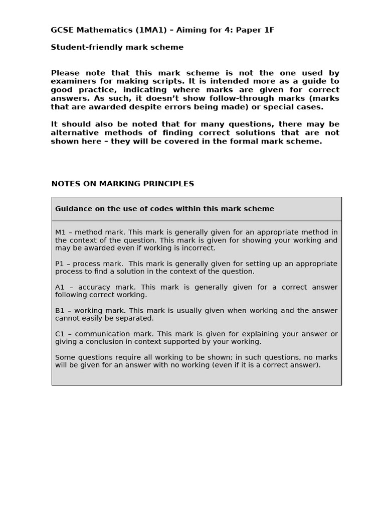 01b 1MA1 1F - Aiming For 4 Spring 2019 Mark Scheme | PDF | Arithmetic | Mathematics