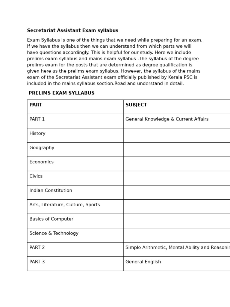 Secretariat Assistant Exam Syllabus | PDF