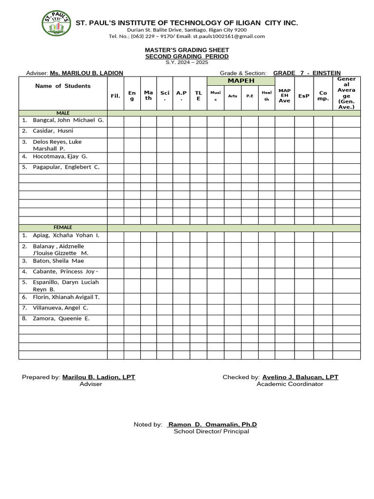 High School Masters Grading Sheet | PDF