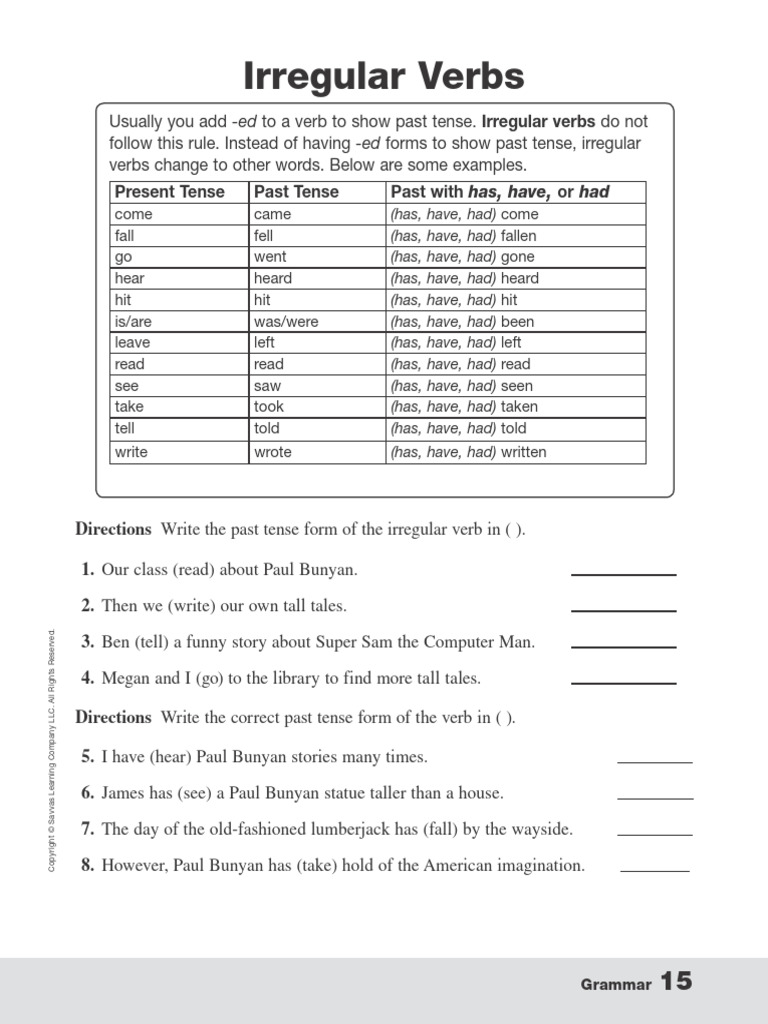 Grammar 15 Irregular Verbs | PDF | Grammatical Tense | Syntax