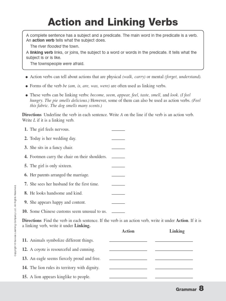 Grammar 8 Action and Linking Verbs | PDF | Subject (Grammar) | Predicate (Grammar)