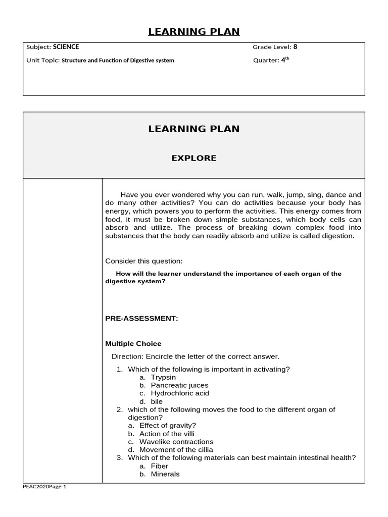 GRADE 8 - Learning Plan (Digestive System) | PDF | Digestion | Human Digestive System