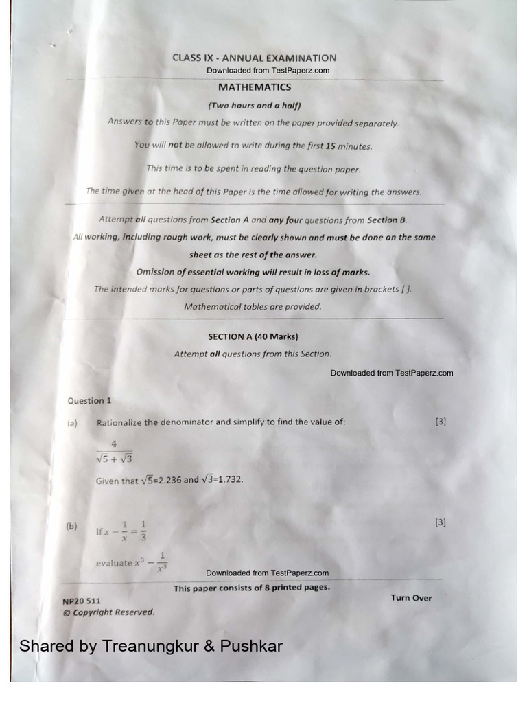 ICSE9 Maths Paper | PDF