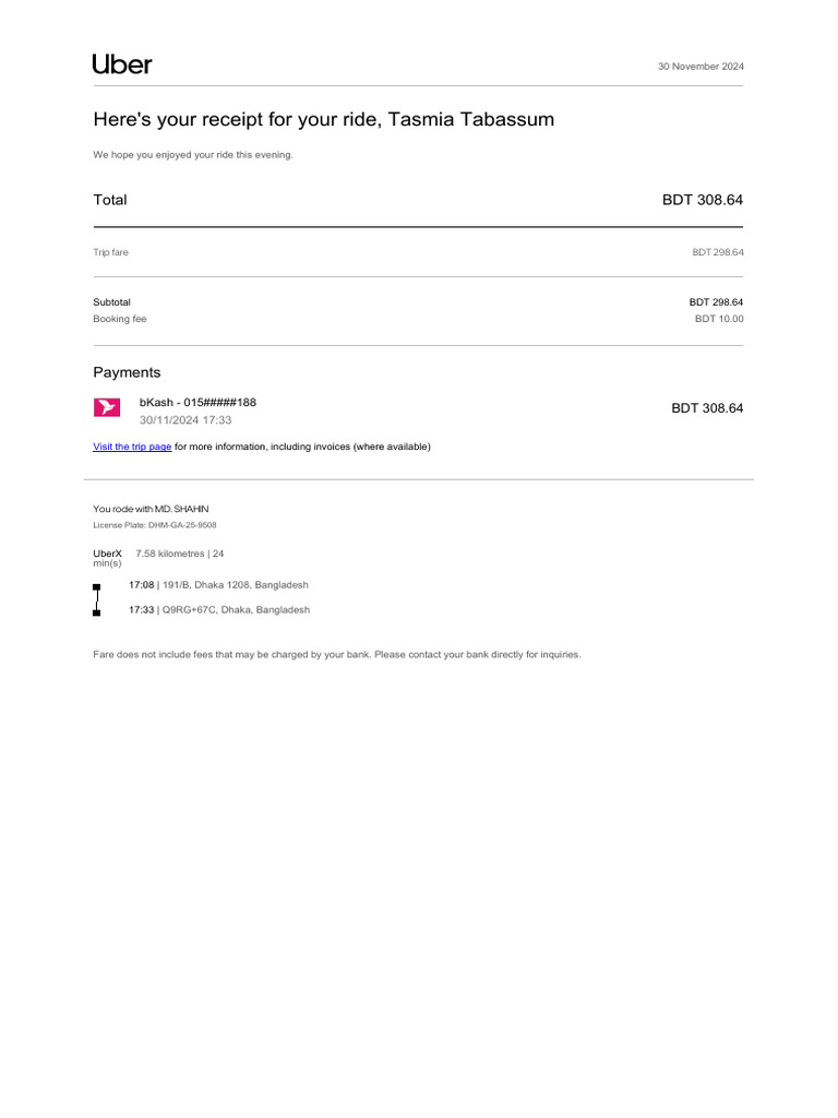 Uber Ride Receipt for Tasmia Tabassum | PDF