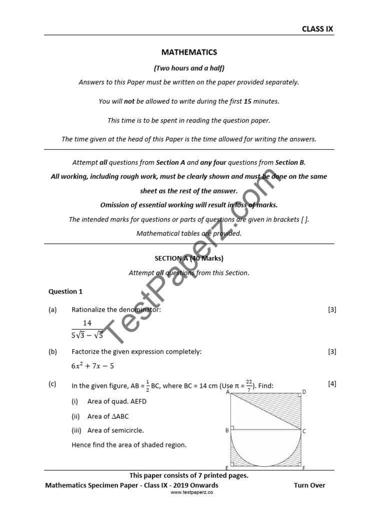 ICSE Maths Specimen Paper | PDF | Area | Circle