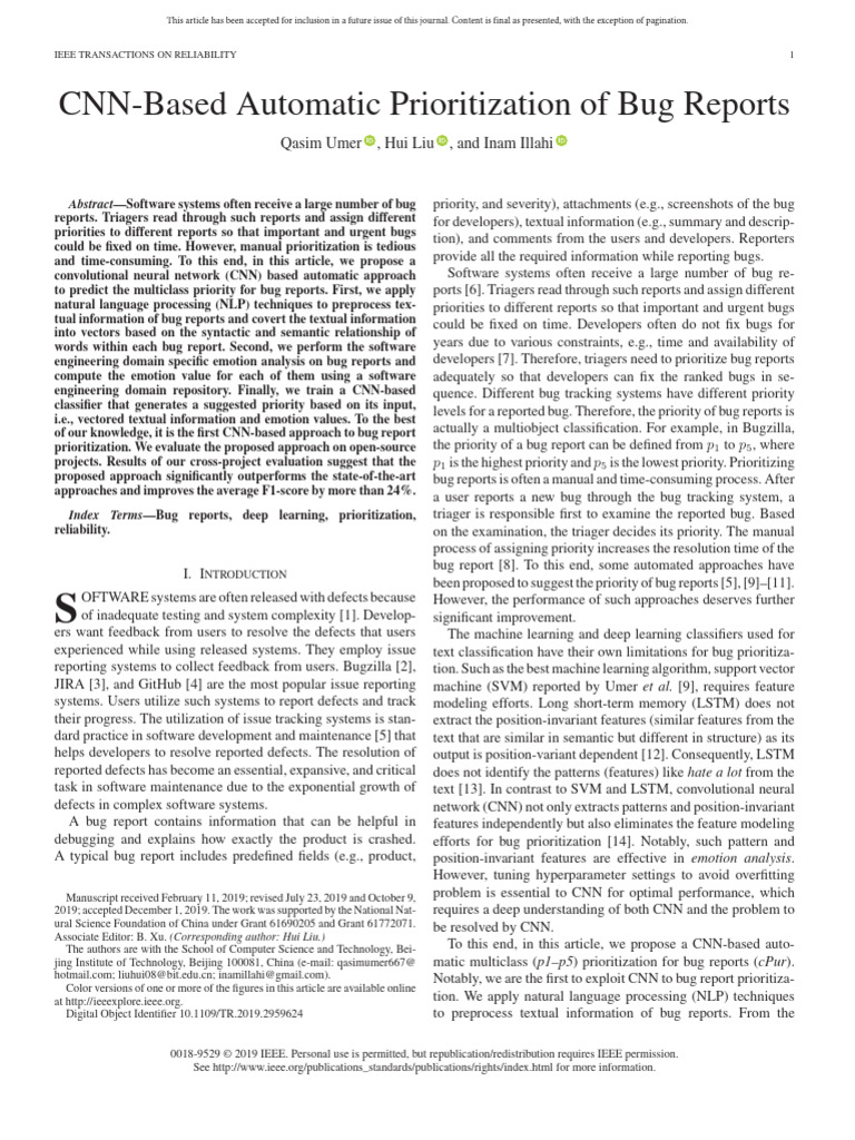 CNN-Based Automatic Prioritization of Bug Reports Transaction Paper | PDF | Deep Learning ...