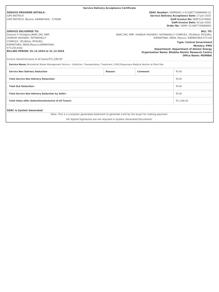 Service Delivery Acceptance Certificate | PDF