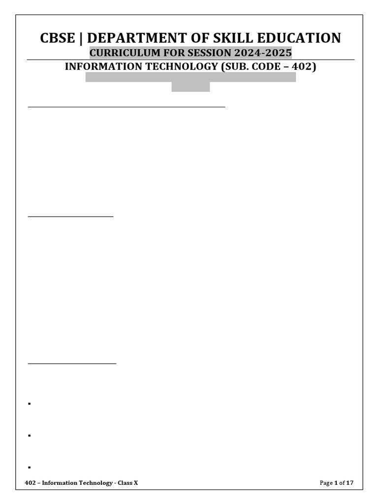 Cbse - Department of Skill Education: Curriculum For Session 2024-2025 Information Technology ...