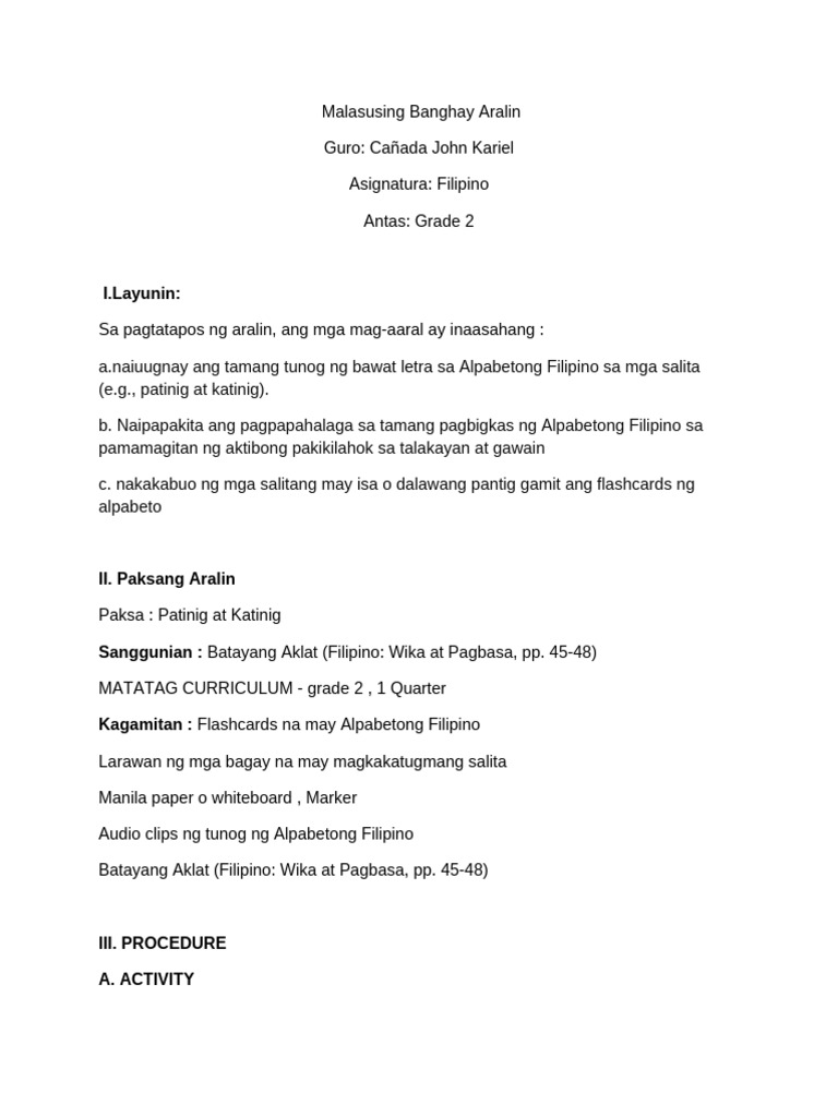 Banghay Aralin Sa Filipino. Spec Fil 13 | PDF