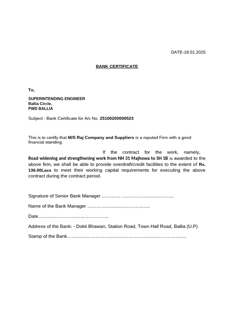 Bank Reference & Certificate NH 31 Majhowa To SH 1 Bisa | PDF