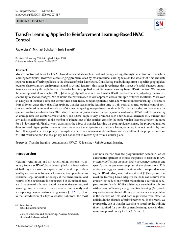 Transfer Learning Applied To Reinforcement Learning Based HVAC | PDF ...