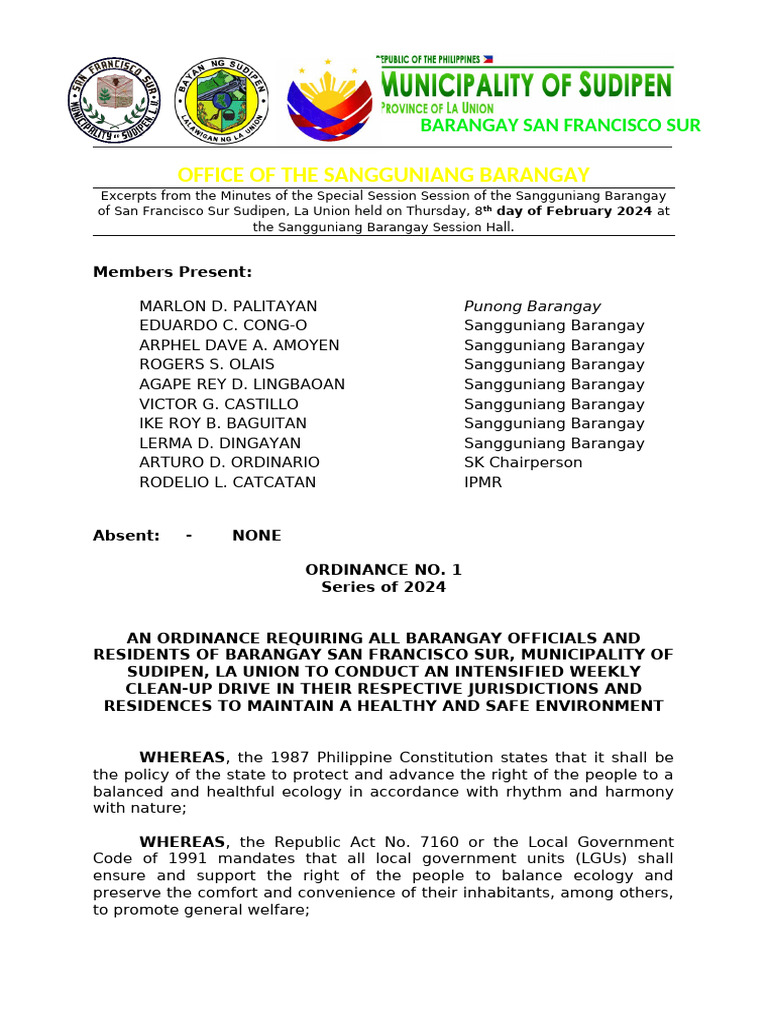 Barangay Ordinance Kalinisan 2 | PDF | Environmental Issues | Environment