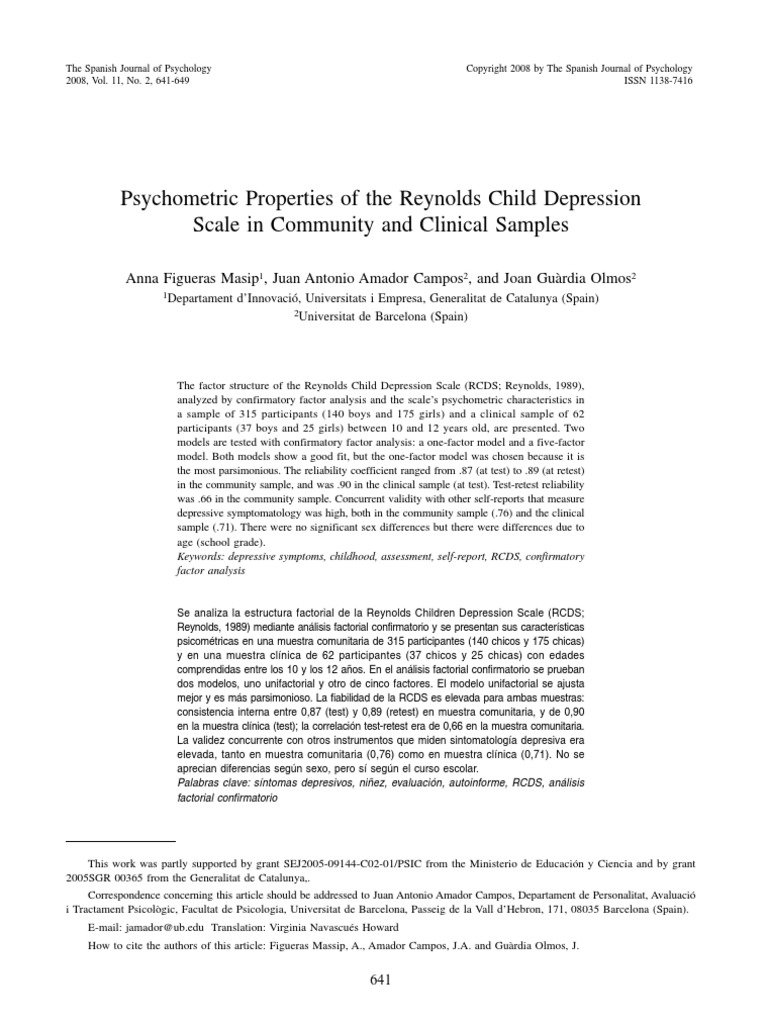 Reynolds Child Depression Scale Article | PDF | Student's T Test ...
