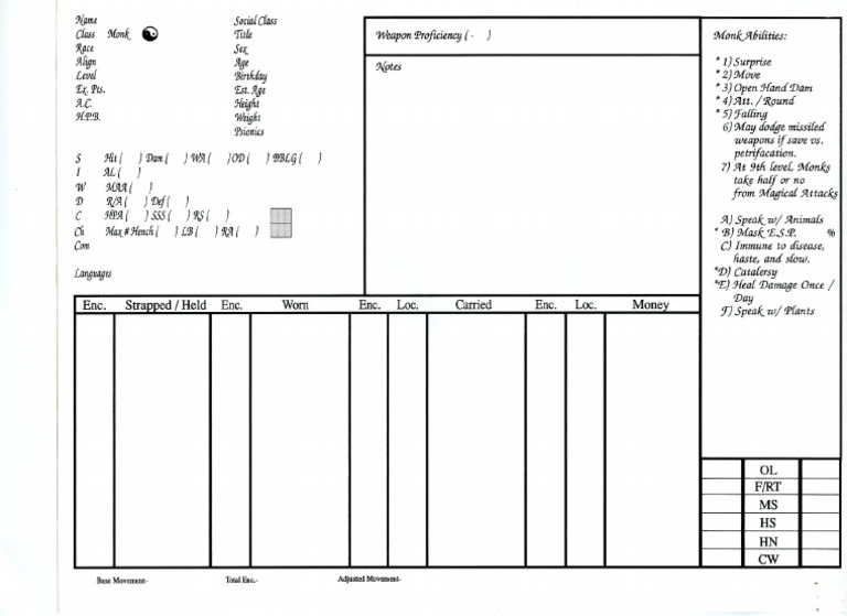 Player Sheet - Monk | PDF