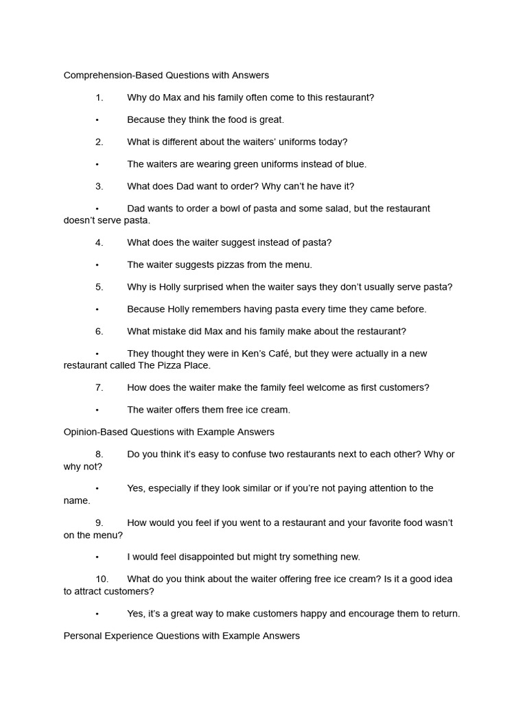 Questions For Page 8 Conversation | PDF | Restaurants | Waiting Staff