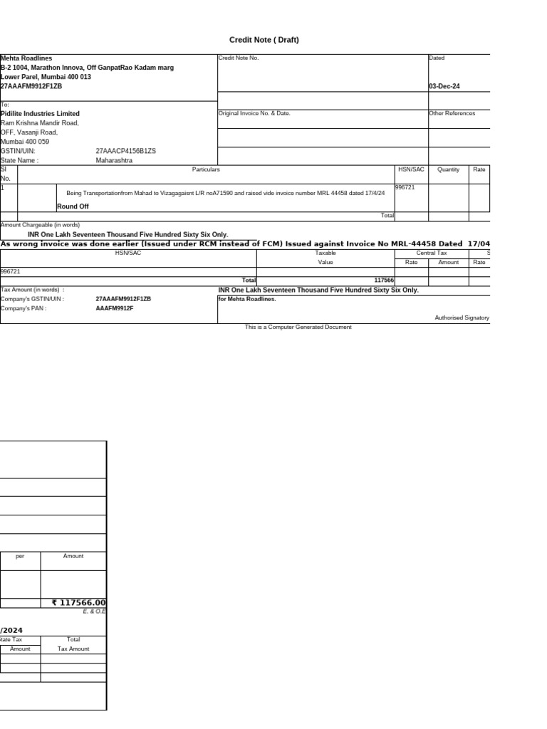 Credit Note for Transportation Services | PDF