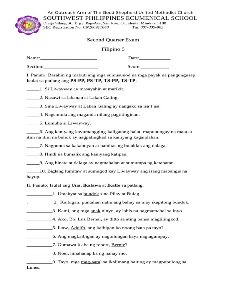 Southwest Philippines Ecumenical School: Second Quarter Exam Filipino 5 ...