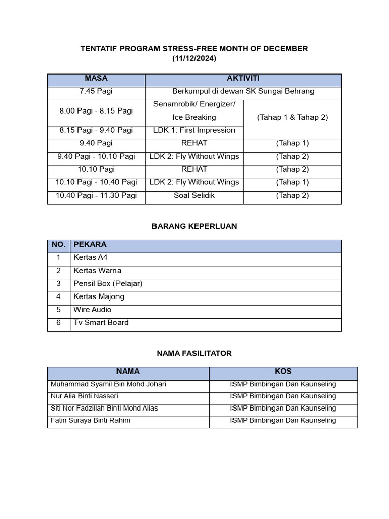 Tentatif Program Stress-Free Month of December | PDF