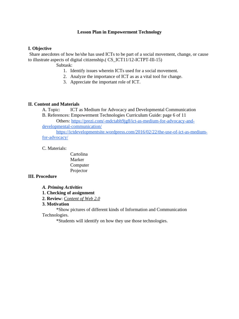 Empowerment Tech Lesson Plan: ICT Advocacy | PDF | Variance | Educational Technology
