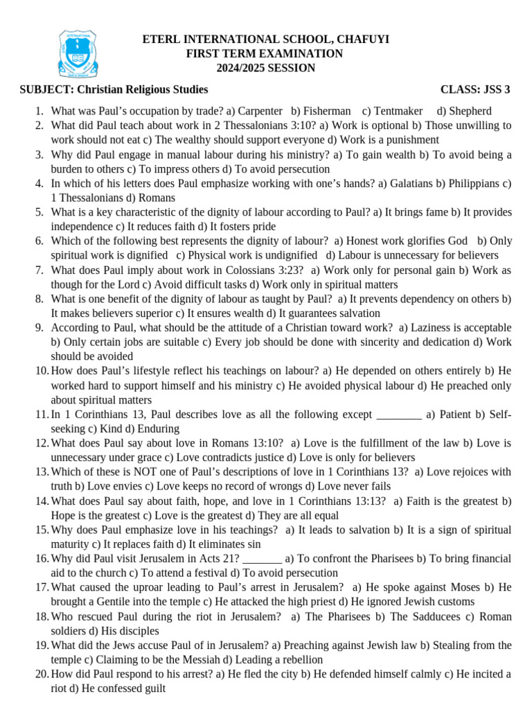 JSS 3 CRS First Term Exam Questions | PDF | Paul The Apostle | Pharisees
