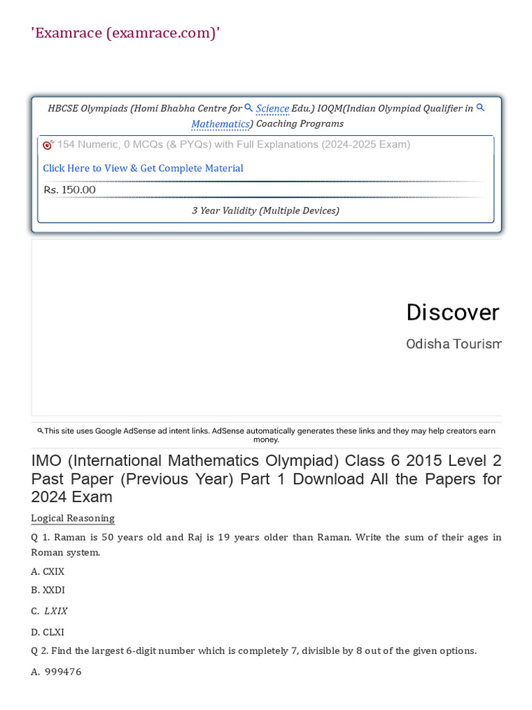 IMO (International Mathematics Olympiad) Class 6 2015 Level 2 Past ...