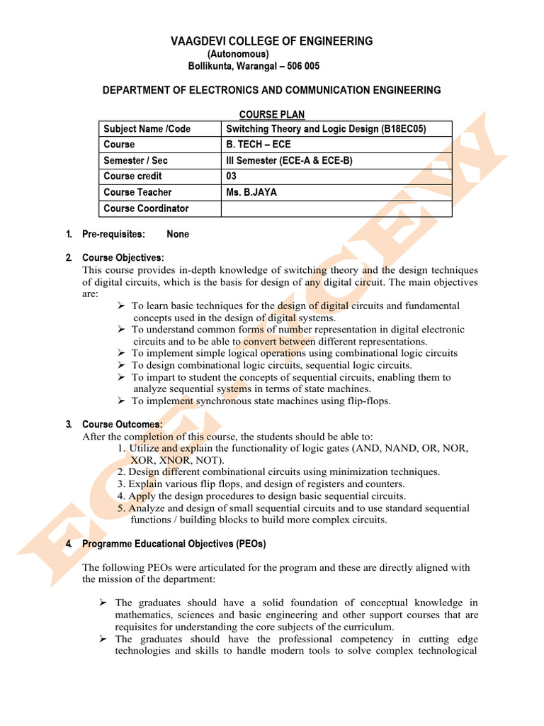 STLD (B18EC05) Cource Plan | PDF | Engineering | Logic Gate