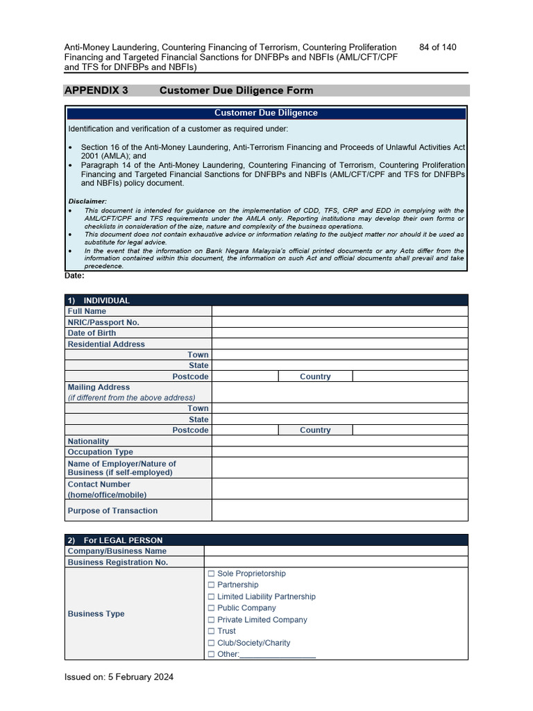 CDD Form AMLCFTCPF TFS DNFBI NBFI Feb2024 | PDF | Identity Document ...