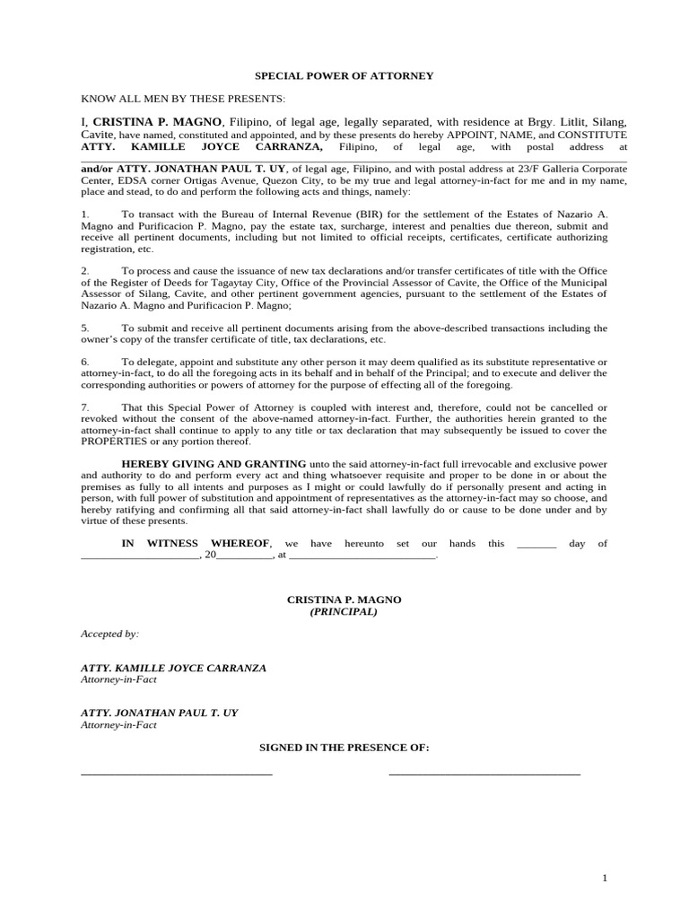 SPA for Estate Settlement of Magno Family | PDF | Power Of Attorney ...