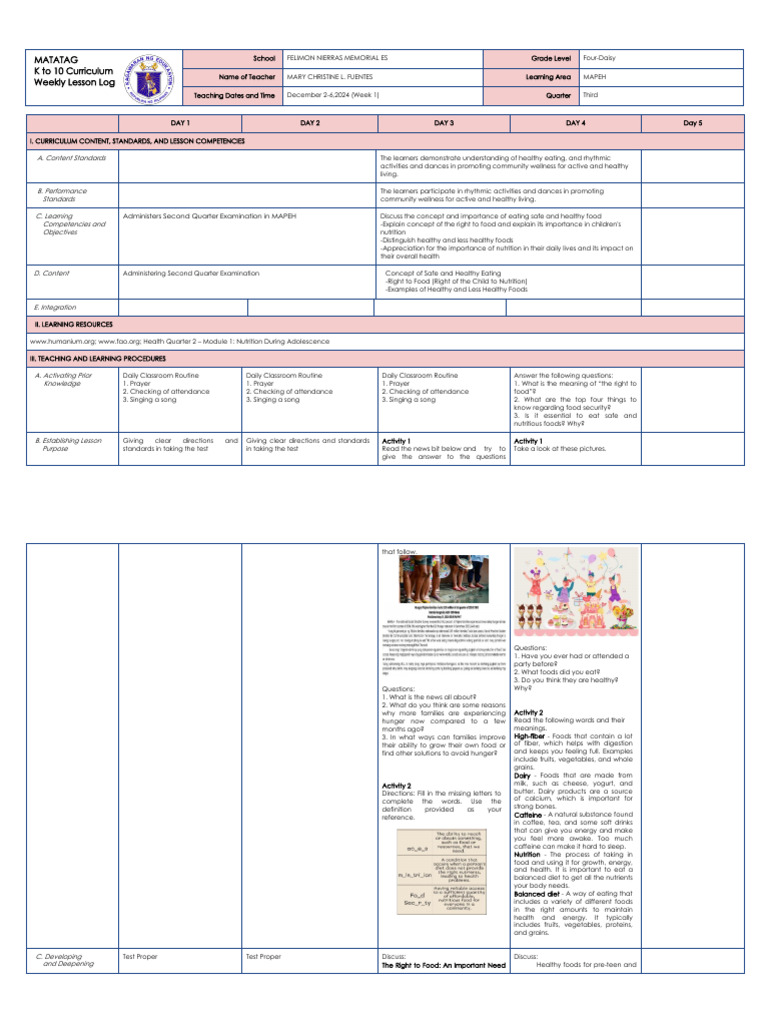 Q3-W1-MAPEH-MATATAG | PDF | Foods | Whole Grain