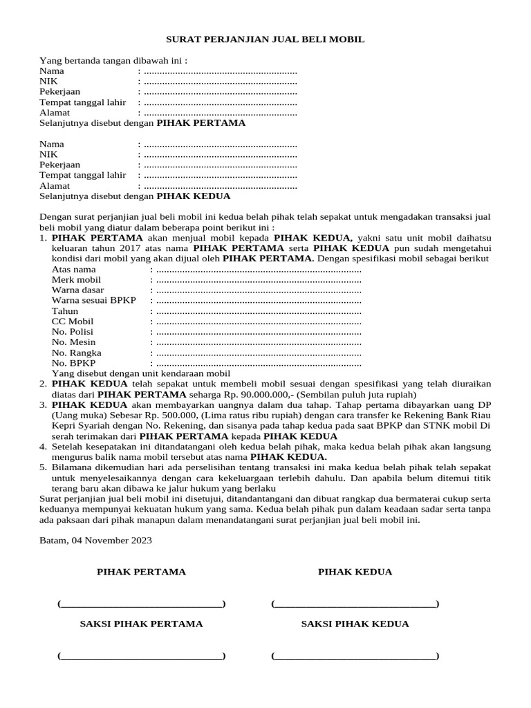 SURAT PERJANJIAN JUAL BELI MOBIL | PDF