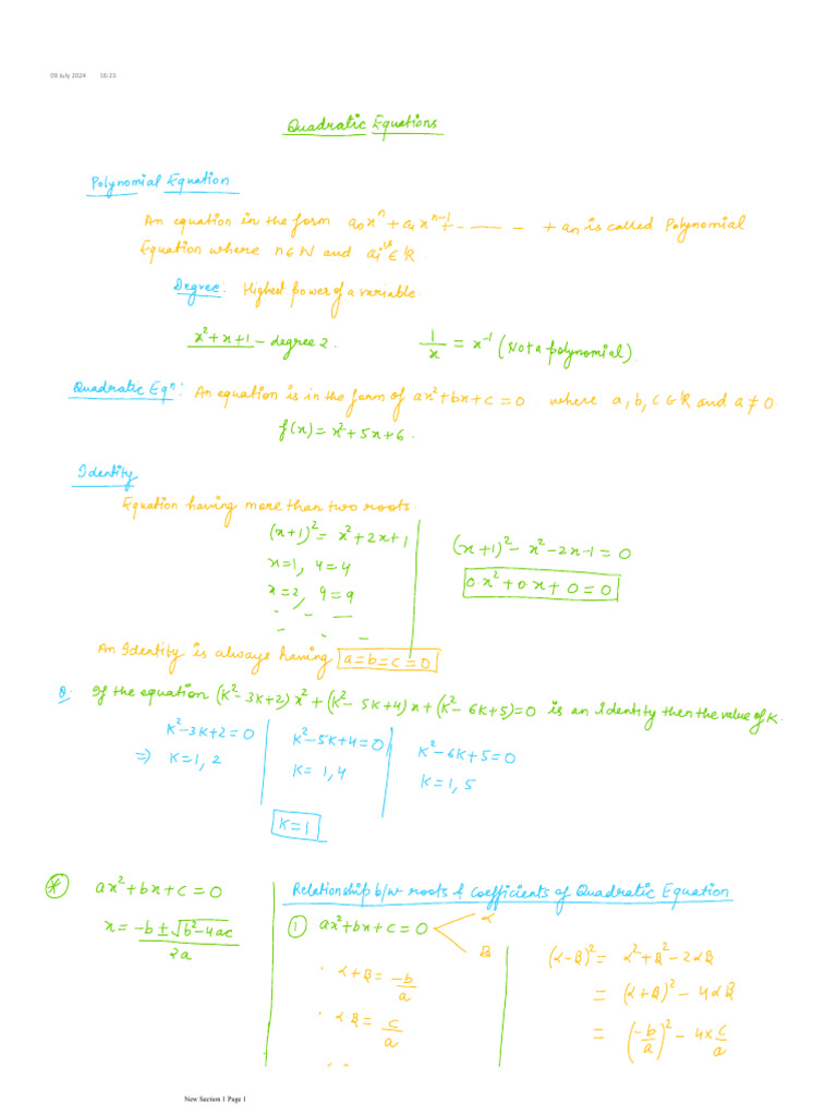 Quadratic Equations 11 Notes | PDF