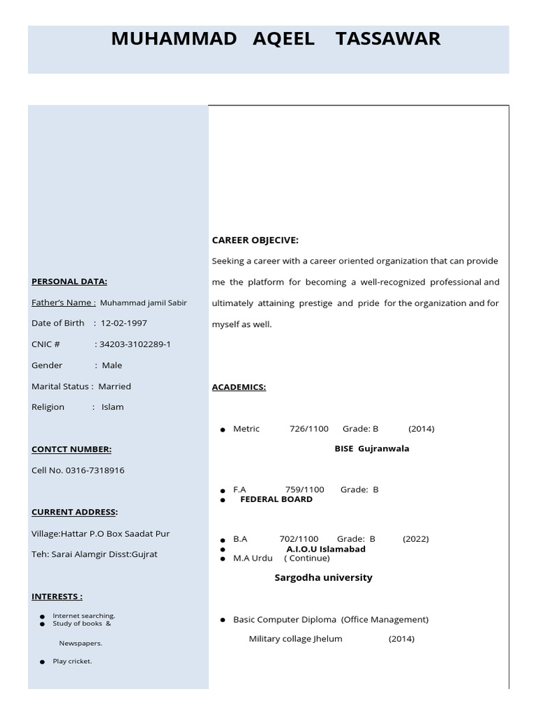 Muhammad Aqeel Tassawar: Career Objecive | PDF
