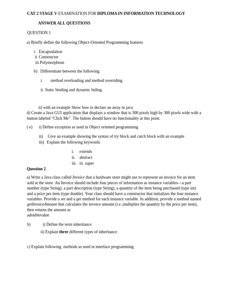 DIT 0503 Advanced Object Oriented Programming CAT2 | PDF | Method (Computer Programming ...