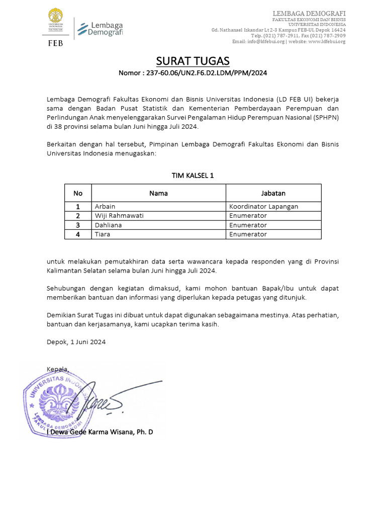 59. Surat Tugas SPHPN 2024 - Kalsel 1 | PDF