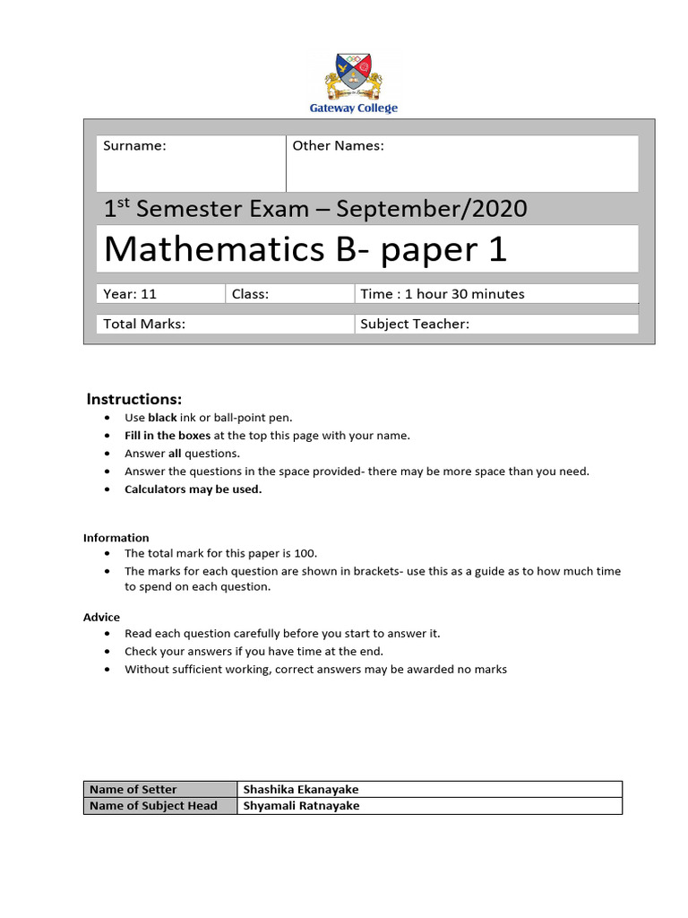 Semester 1 Maths B year 11 Paper 1 17th Aug | PDF | Line (Geometry ...