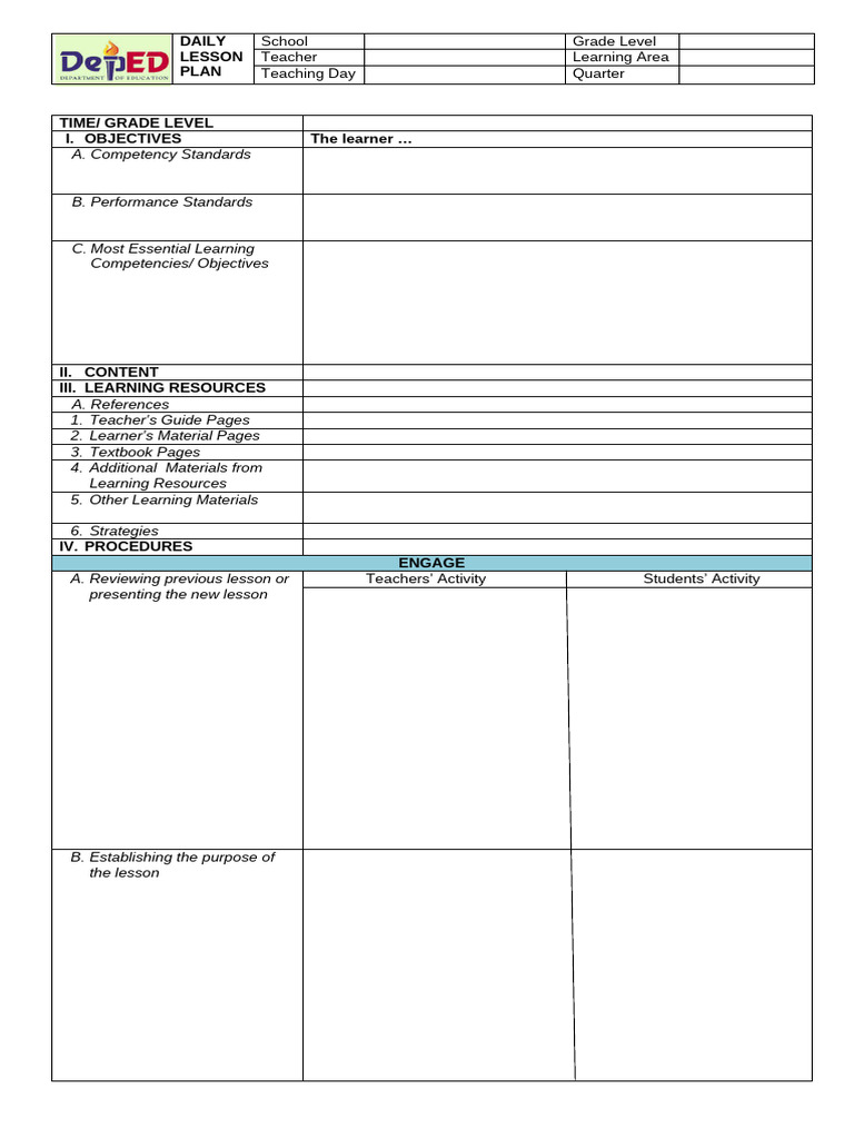 DAILY LESSON PLAN - Blank RGCC | PDF