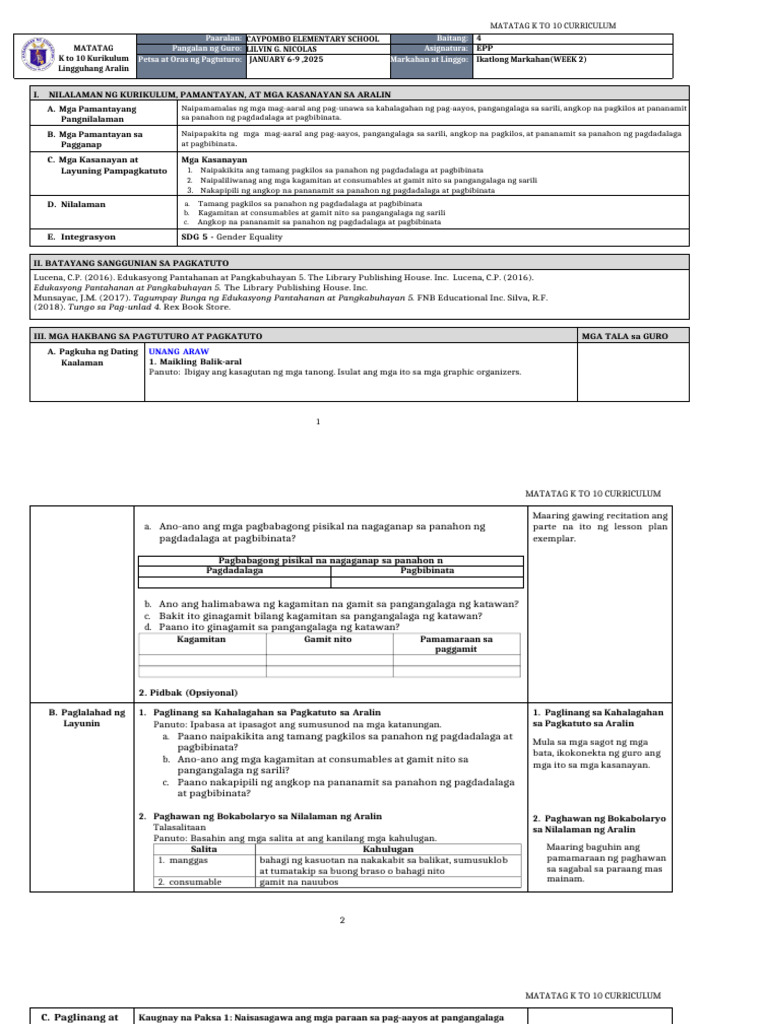 DLL MATATAG _EPP 4 Q3 W2 | PDF