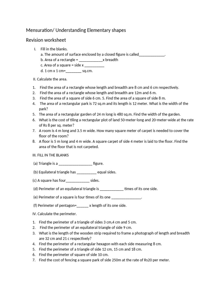 Mensuration Revision Worksheet | PDF | Area | Rectangle