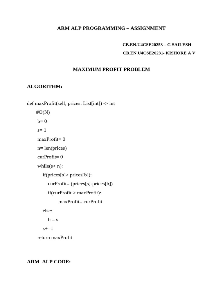 ARM Assembly: Max Profit Algorithm | PDF | Computer Programming