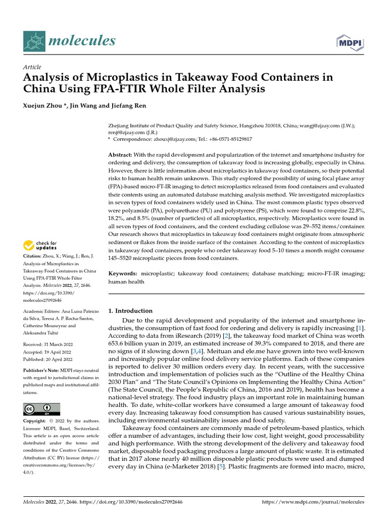 Analysis of Microplastics in Takeaway Food Containers in China Using ...