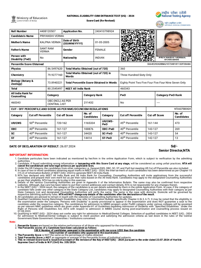 NEET UG 2024 Re-Revised Score Card | PDF